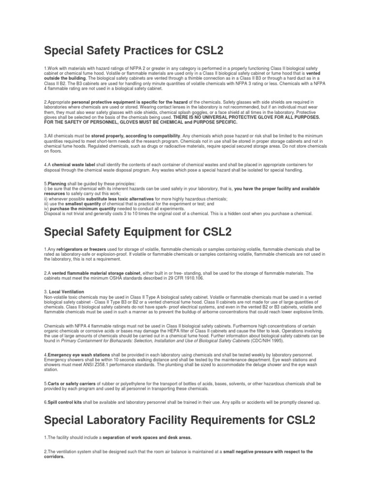 Special Safety Practices For CSL2 | PDF | Flammability | Laboratories