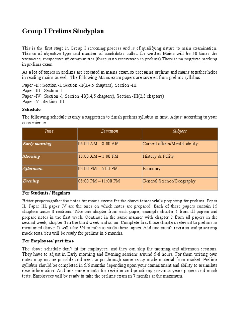Group I Prelims Study Plan Guide | PDF