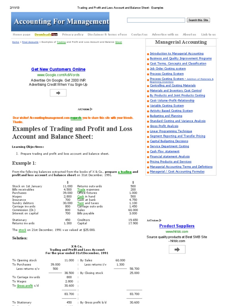 Trading and Profit and Loss Account and Balance Sheet - Examples | PDF ...