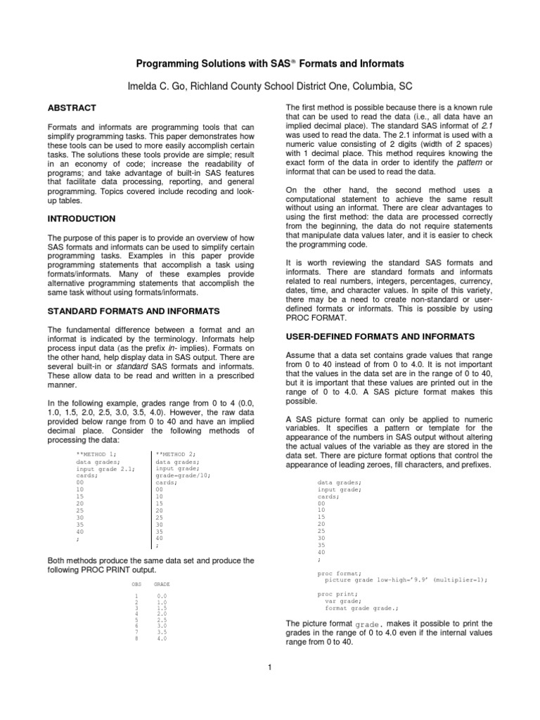 Programming Solutions With Sas Formats And Informats Sas Software File Format 7941