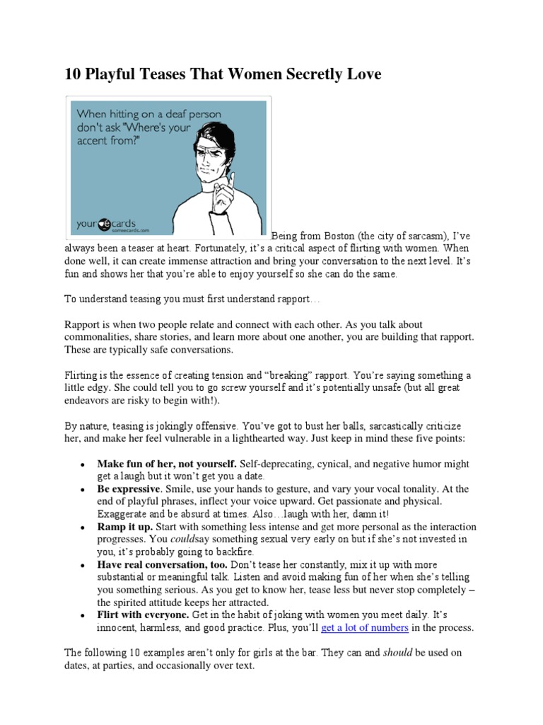 10 Playful Teases That Women Secretly Love | PDF | Body Language | Jealousy