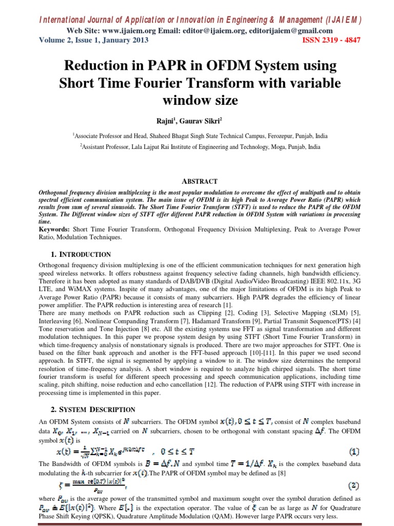 Reduction In Papr In Ofdm System Using Short Time Fourier Transform