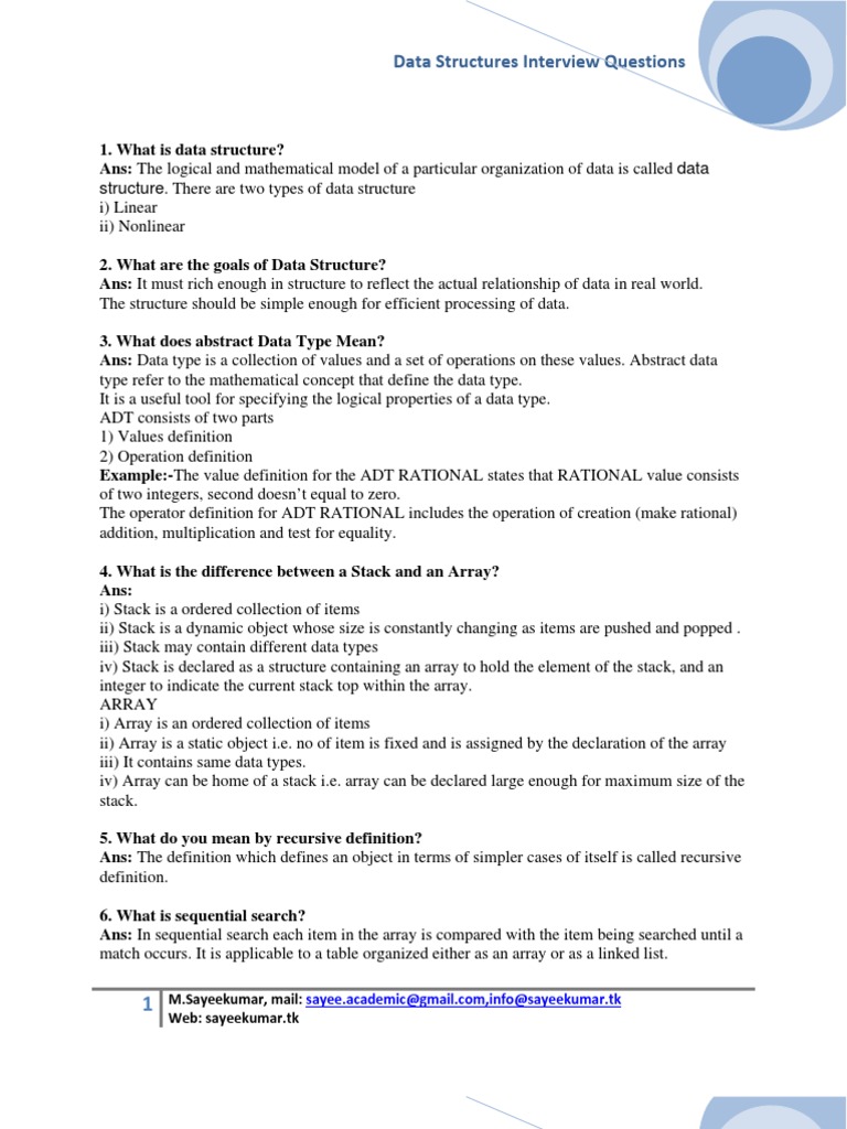 Data Structures Technical Interview Questions Pdf Array Data Structure Pointer Computer