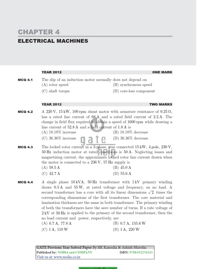 GATE Electrical Machines MCQs Solutions | PDF | Transformer | Electric ...