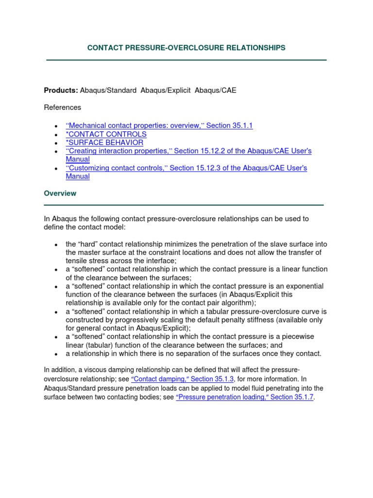 Contact Pressure-Overclosure Relationships in Abaqus | PDF | Collision ...