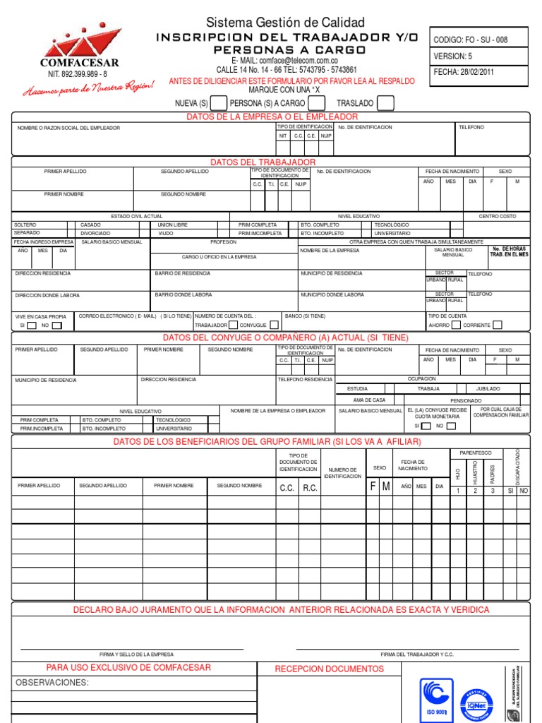 Formulario Afiliacion Del Trabajador v50COMFACESAR | PDF