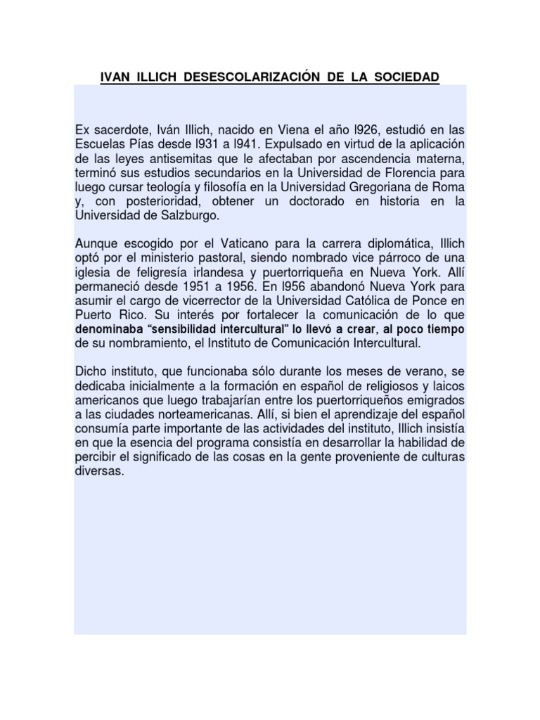 IVAN ILLICH DESESCOLARIZACIÓN DE LA SOCIEDAD
