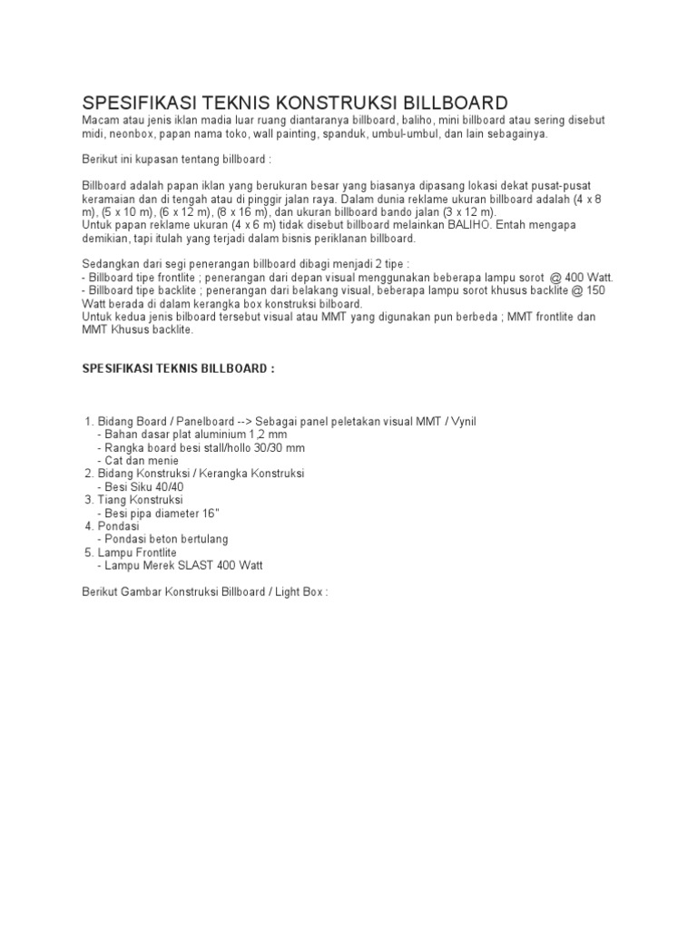 Spesifikasi Teknis Konstruksi Billboard | PDF
