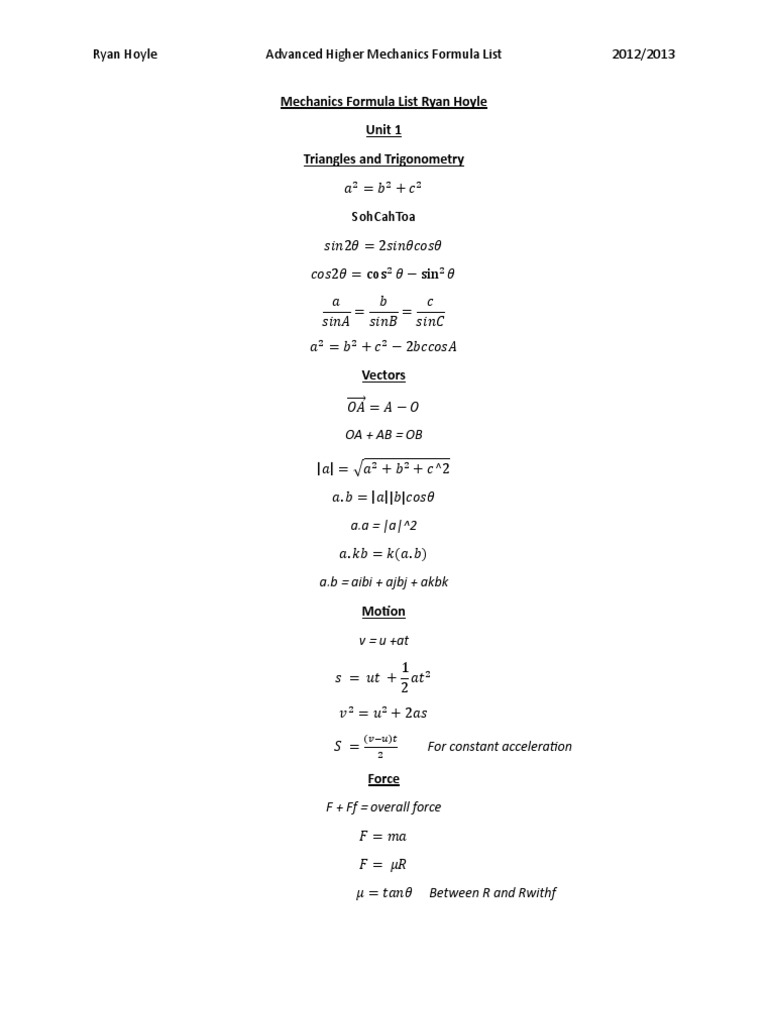 Advanced Higher Mechanics Formulas | PDF | Applied And ...