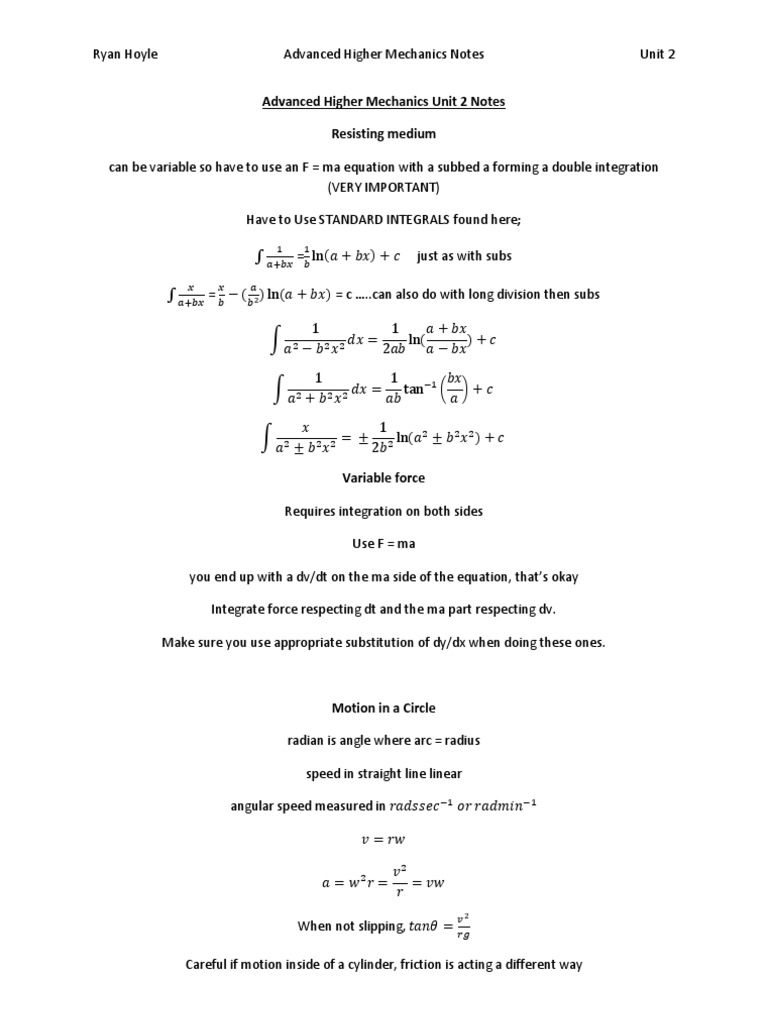 Advanced Higher Mechanics Unit 2 Notes COMPLETE | PDF | Force | Momentum