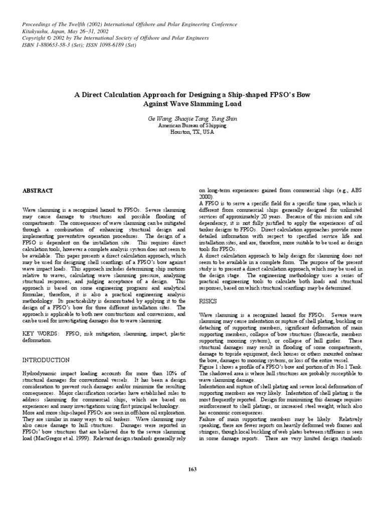 A Direct Calculation Approach For Designing A Ship-Shaped FPSO's Bow Against Wave Slamming Load ...