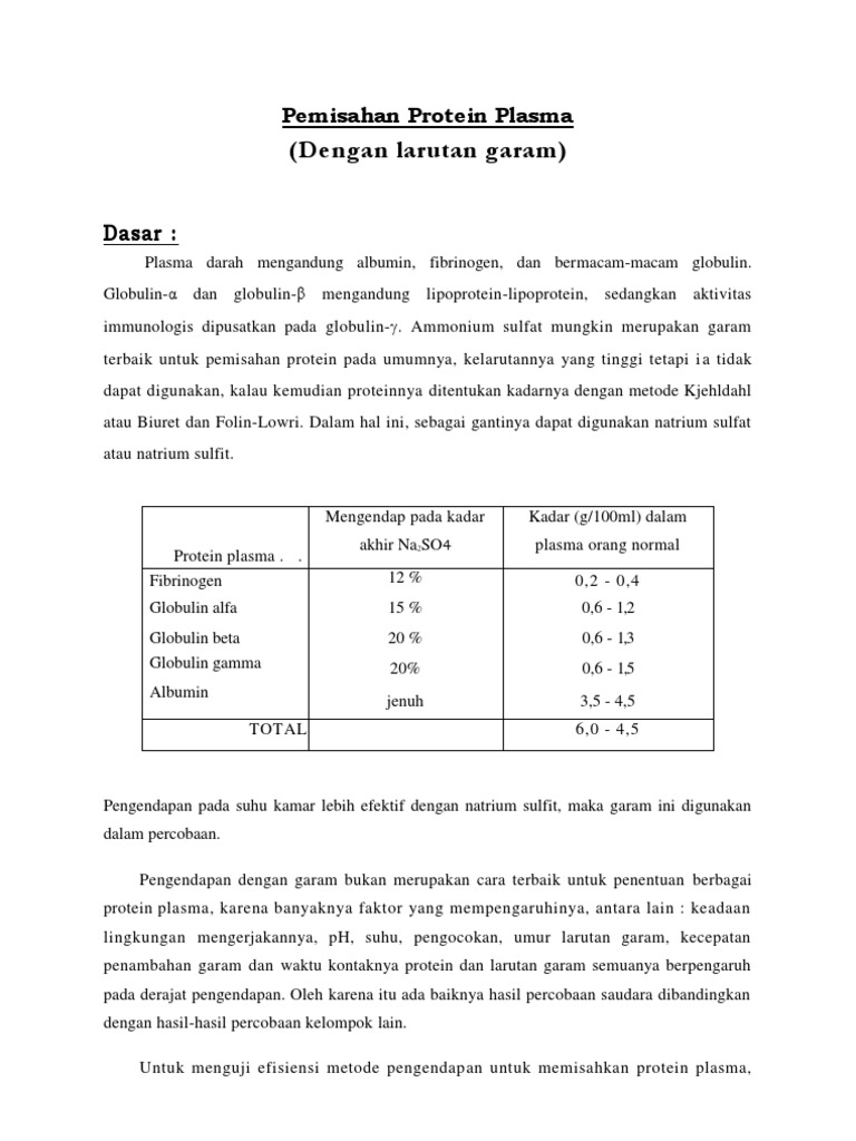 Pemisahan Protein Plasma | PDF