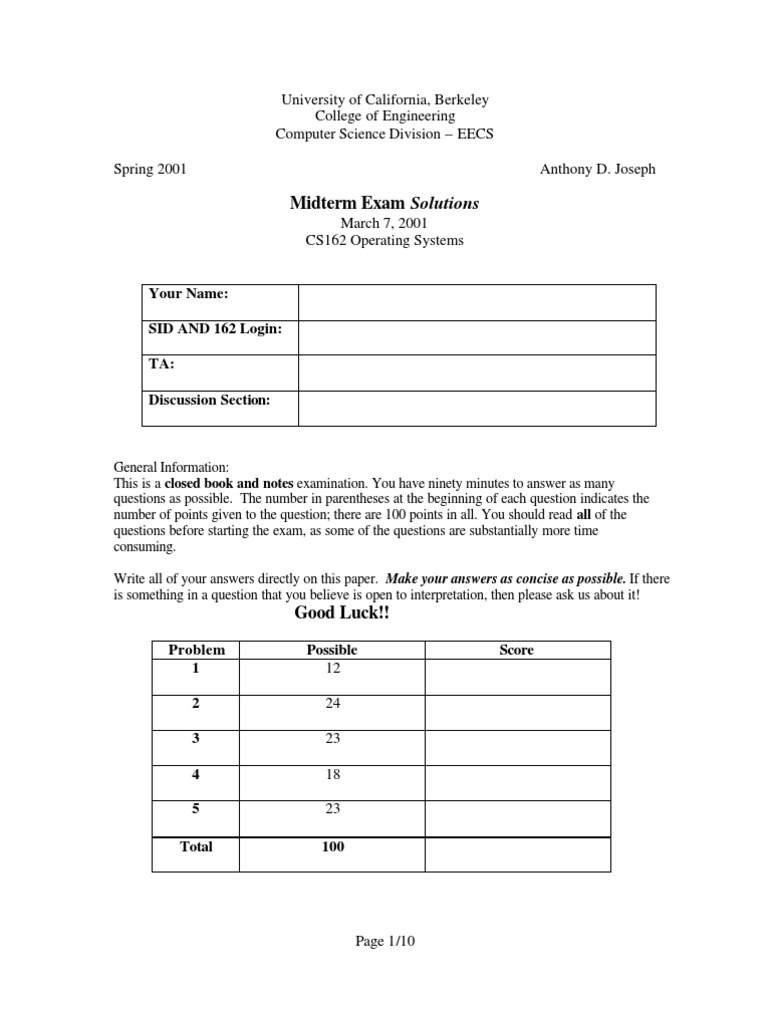Midterm Exam Solutions | PDF | Scheduling (Computing) | Concurrency ...