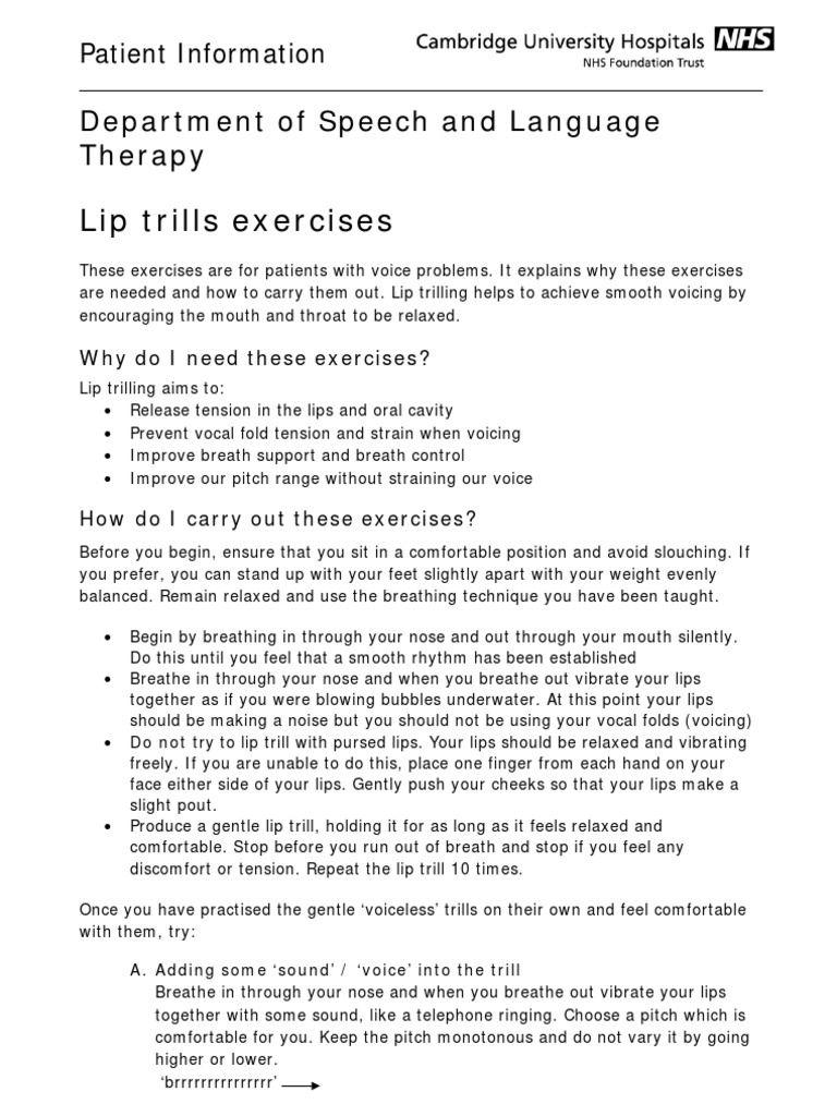 Lip Trills Exercises: Department of Speech and Language Therapy | PDF ...