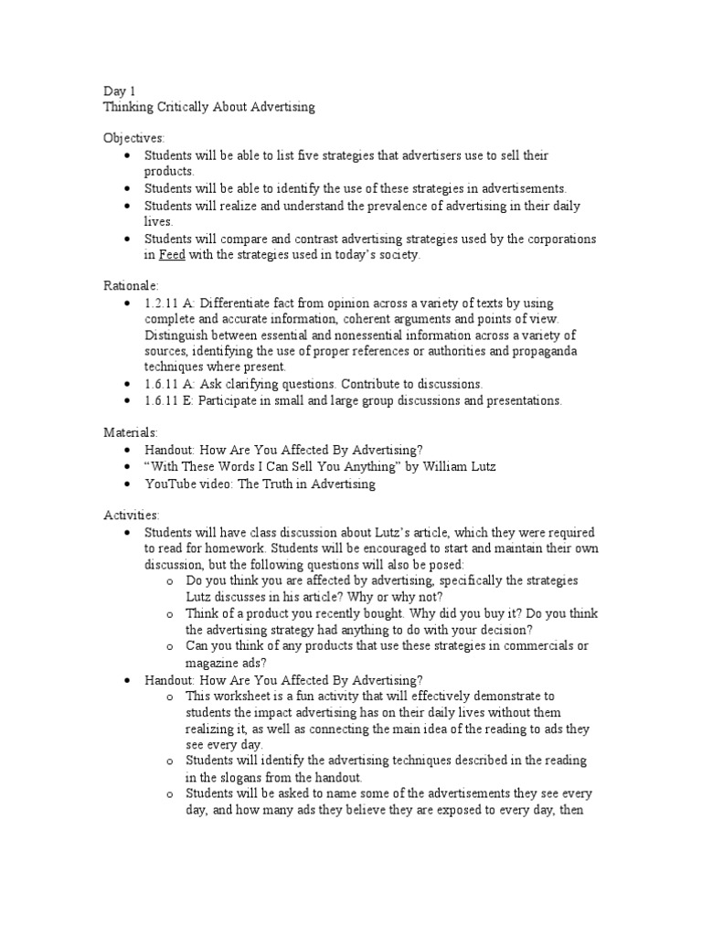 Advertising Complete Lesson and Worksheet | PDF | Advertising ...