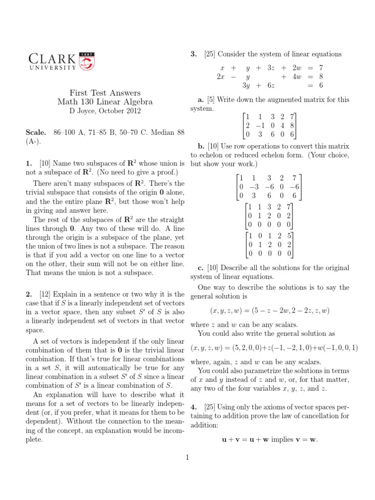 First Test Answers Math 130 Linear Algebra | PDF | Linear Subspace ...