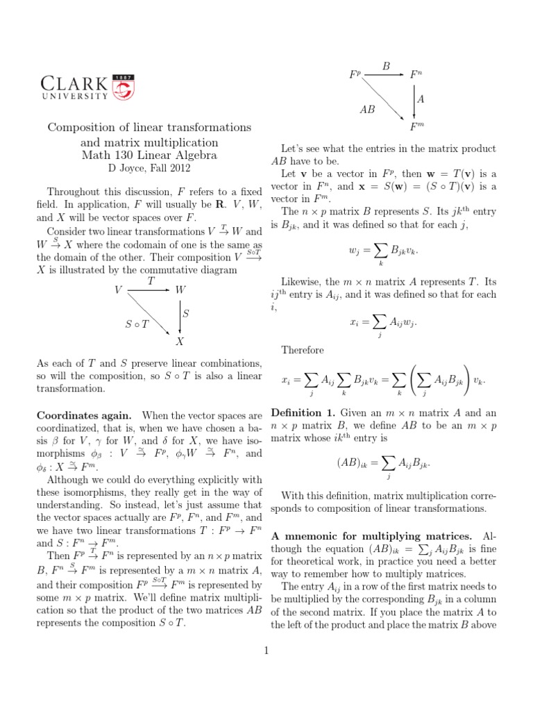 Composition of Linear Transformations and Matrix Multiplication Math 130 Linear Algebra | PDF ...