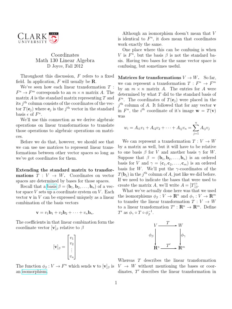 Coordinates Math 130 Linear Algebra | PDF | Linear Map | Basis (Linear ...