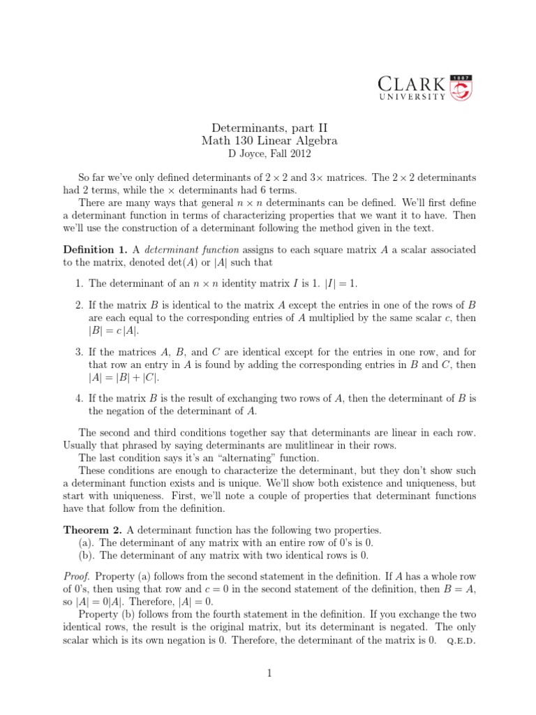 Determinants, Part II Math 130 Linear Algebra | PDF | Determinant | Matrix (Mathematics)