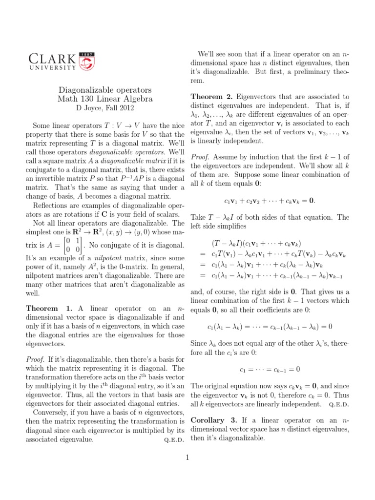 Diagonalizable Operators Math 130 Linear Algebra: 1 2 K I I 1 2 K | PDF | Eigenvalues And ...