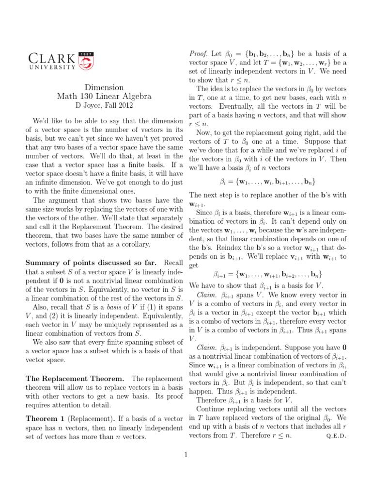 Dimension Math 130 Linear Algebra | PDF | Basis (Linear Algebra ...