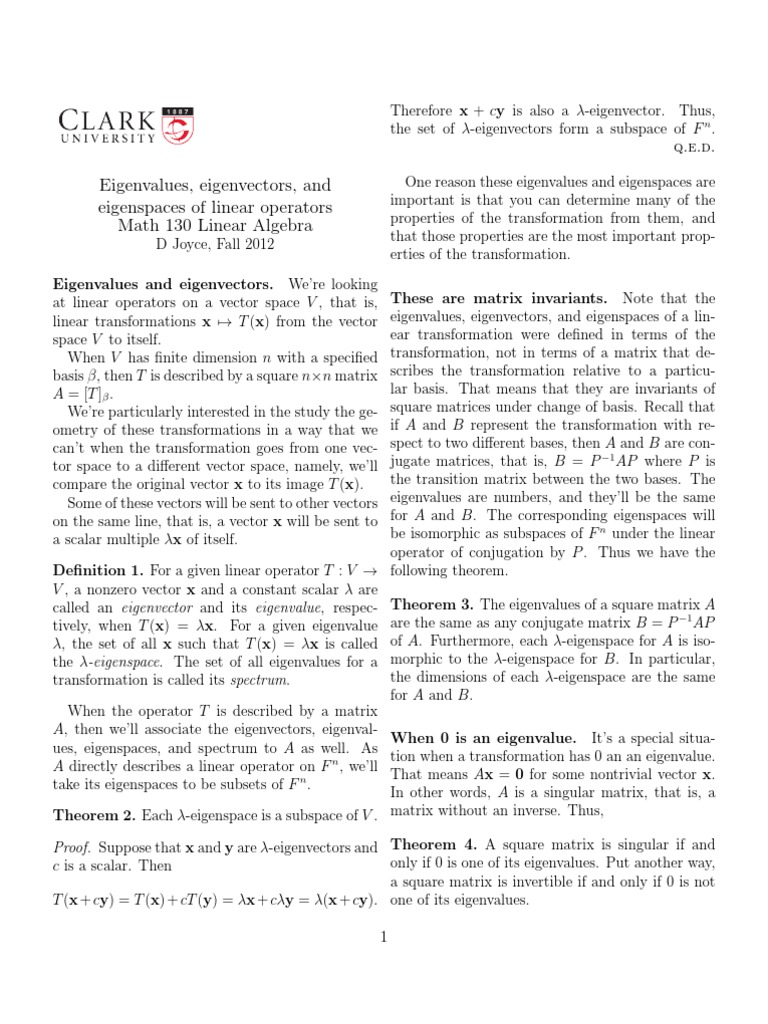 Eigenvalues, Eigenvectors, and Eigenspaces of Linear Operators Math 130 Linear Algebra | PDF ...