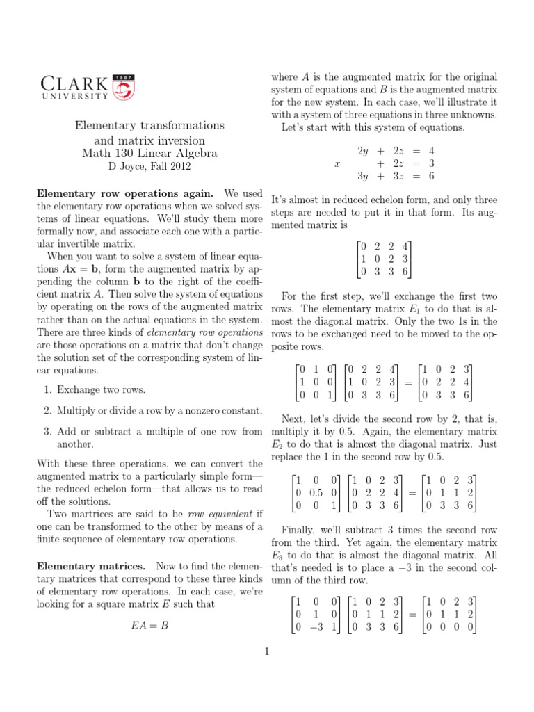 Elementary Transformations and Matrix Inversion Math 130 Linear Algebra ...