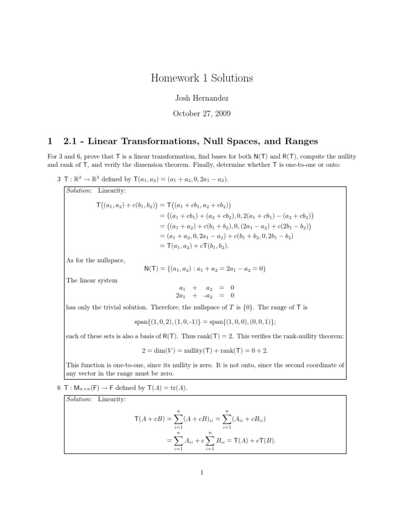 Homework 1 Solutions 1 2 1 Linear Transformations Null Spaces And Ranges Pdf Cartesian