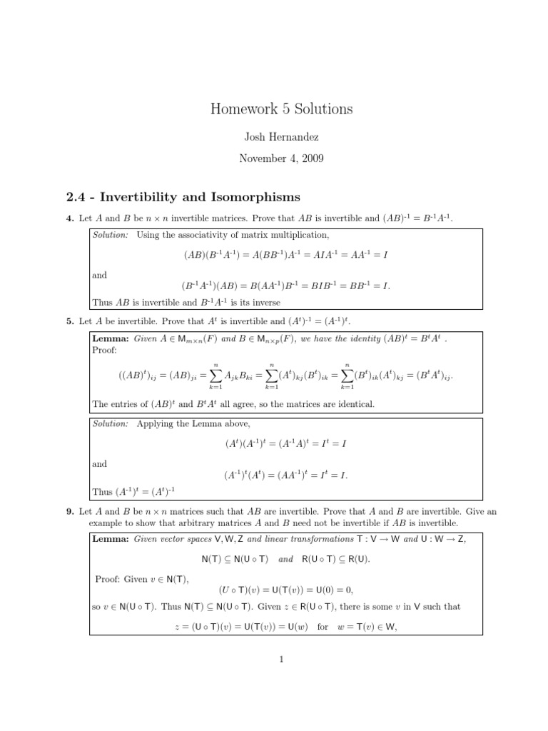 Homework 5 Solutions: 2.4 - Invertibility and Isomorphisms | PDF | Matrix (Mathematics) | Linear ...