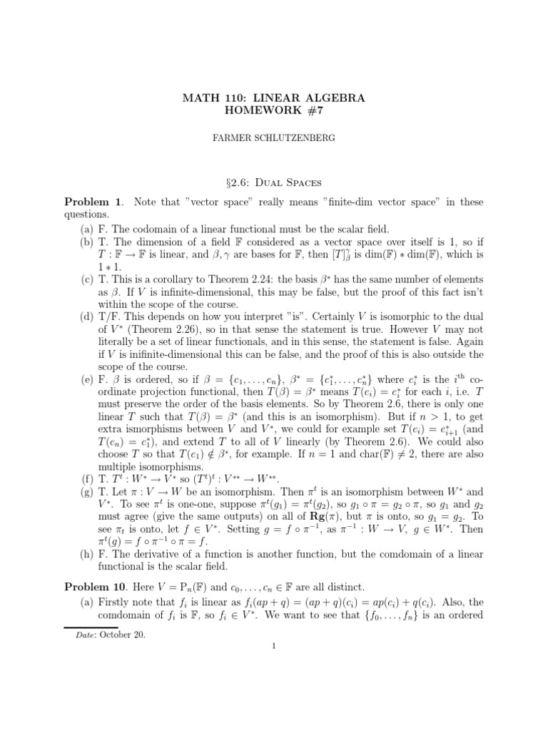 Math 110: Linear Algebra Homework #7: 2.6: Dual Spaces | PDF | Matrix (Mathematics) | Operator ...