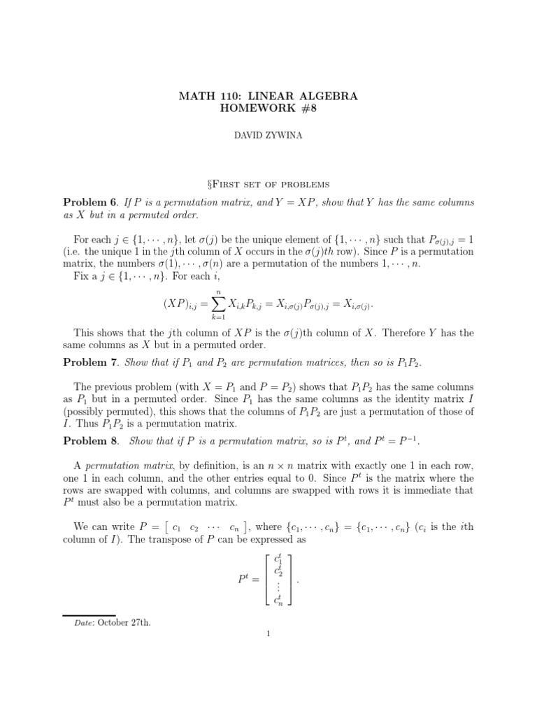 Math 110: Linear Algebra Homework #8: David Zywina | PDF | Matrix (Mathematics) | Permutation