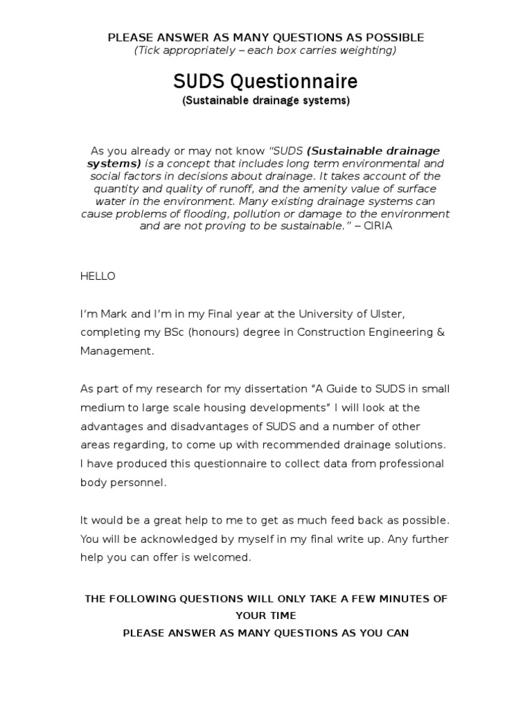 SUDS Questionnaire | PDF | Drainage | Questionnaire
