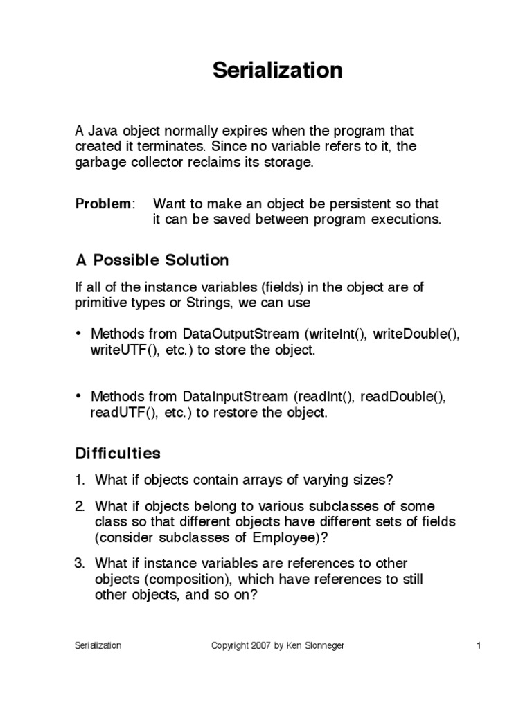 Serialization: A Possible Solution | PDF | Method (Computer Programming) | Java (Programming ...