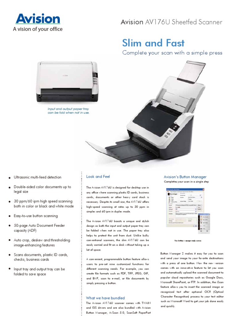 Slim and Fast: Avision AV176U Sheetfed Scanner | PDF | Image Scanner ...
