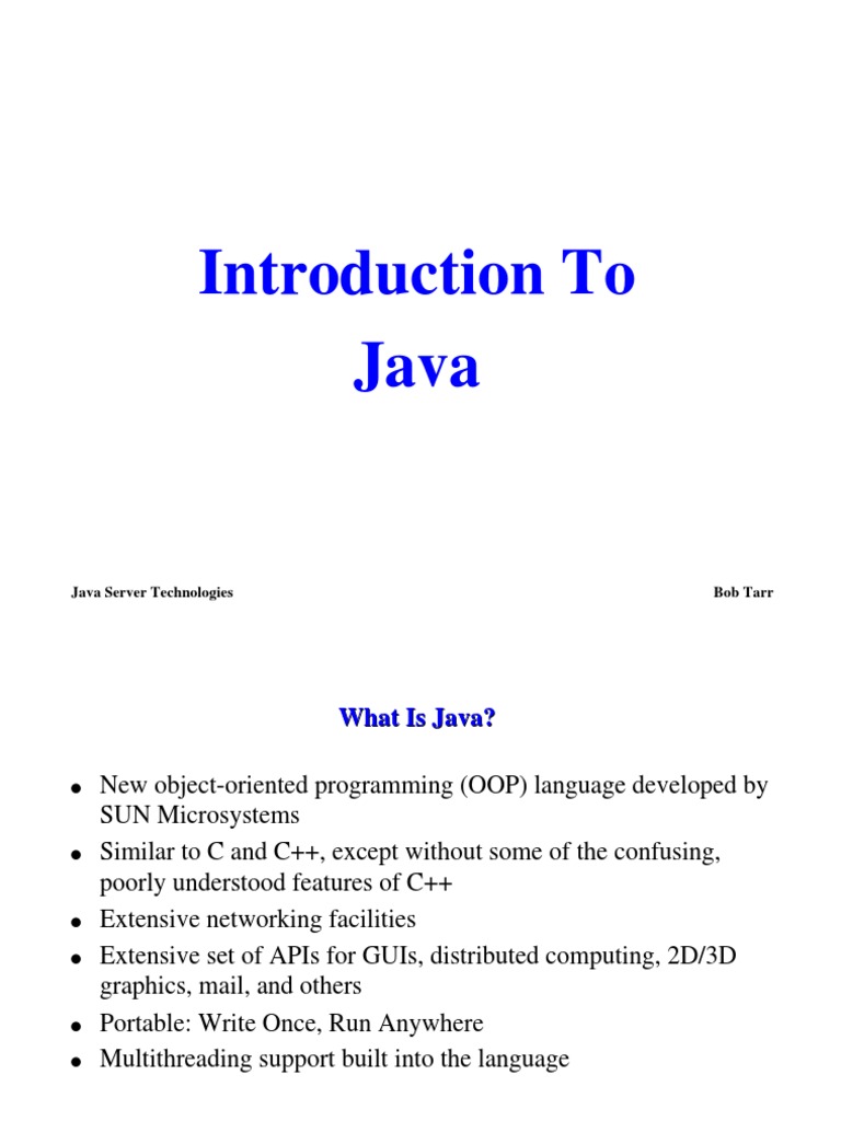 Introduction To Java Java Server Technologies Bob Tarr Pdf Java Programming Language