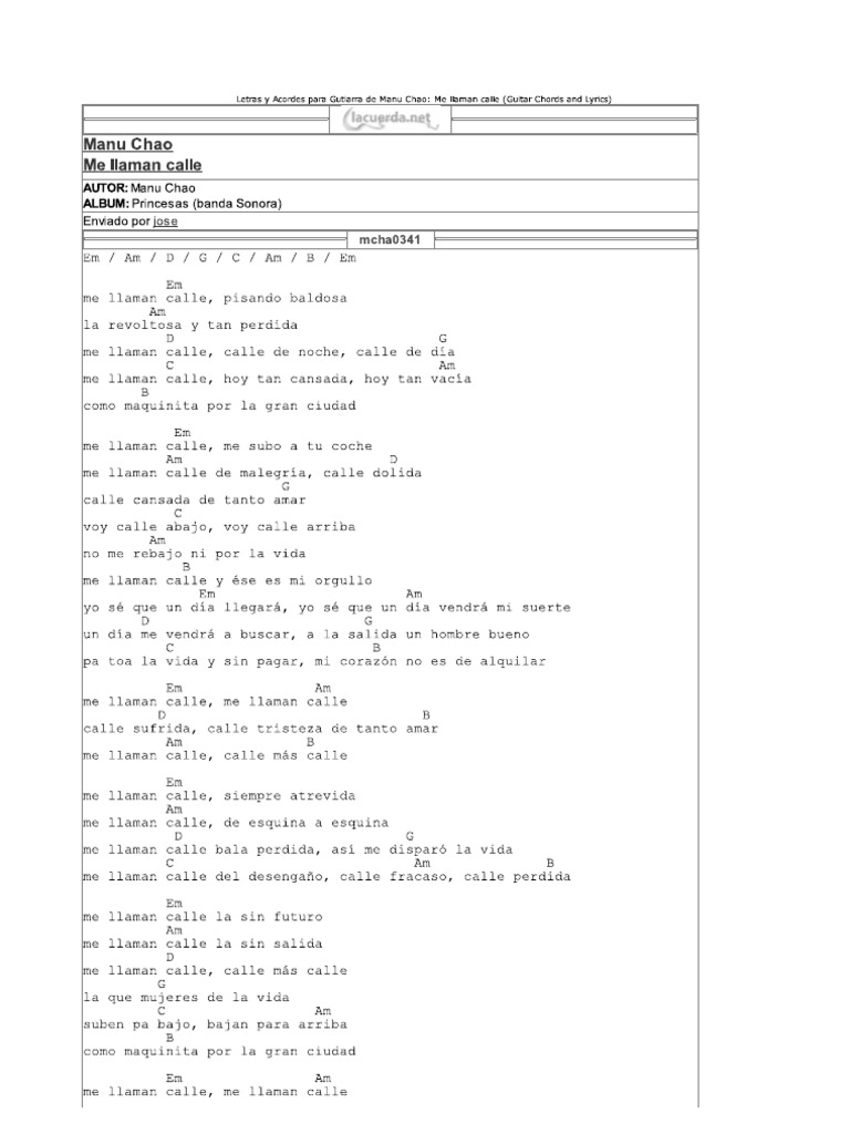 Manu Chao, Me Llaman Calle - Acordes para Guitarra | PDF | Artes del ...