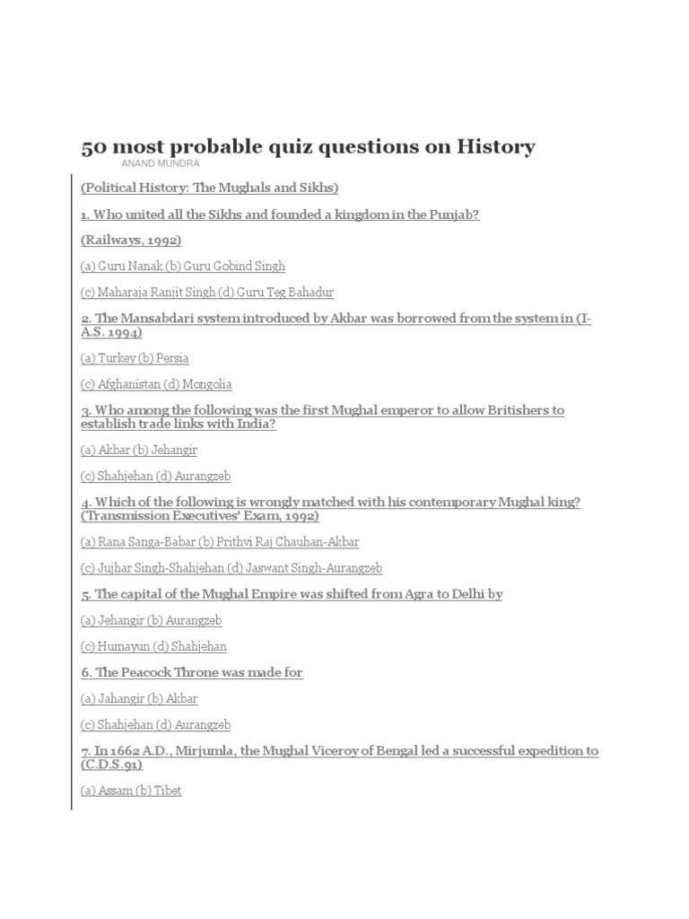 Quiz History | PDF | Mughal Empire | Timurid Dynasty