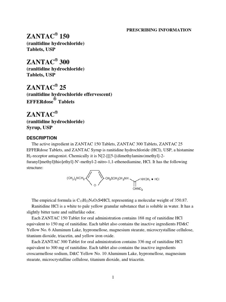 Zantac 150: (Ranitidine Hydrochloride) Tablets, USP | PDF | Heartburn ...
