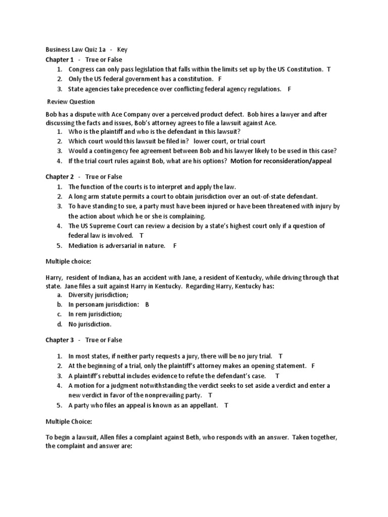 Business Law Quiz 1a Key | PDF | Lawsuit | Jurisdiction