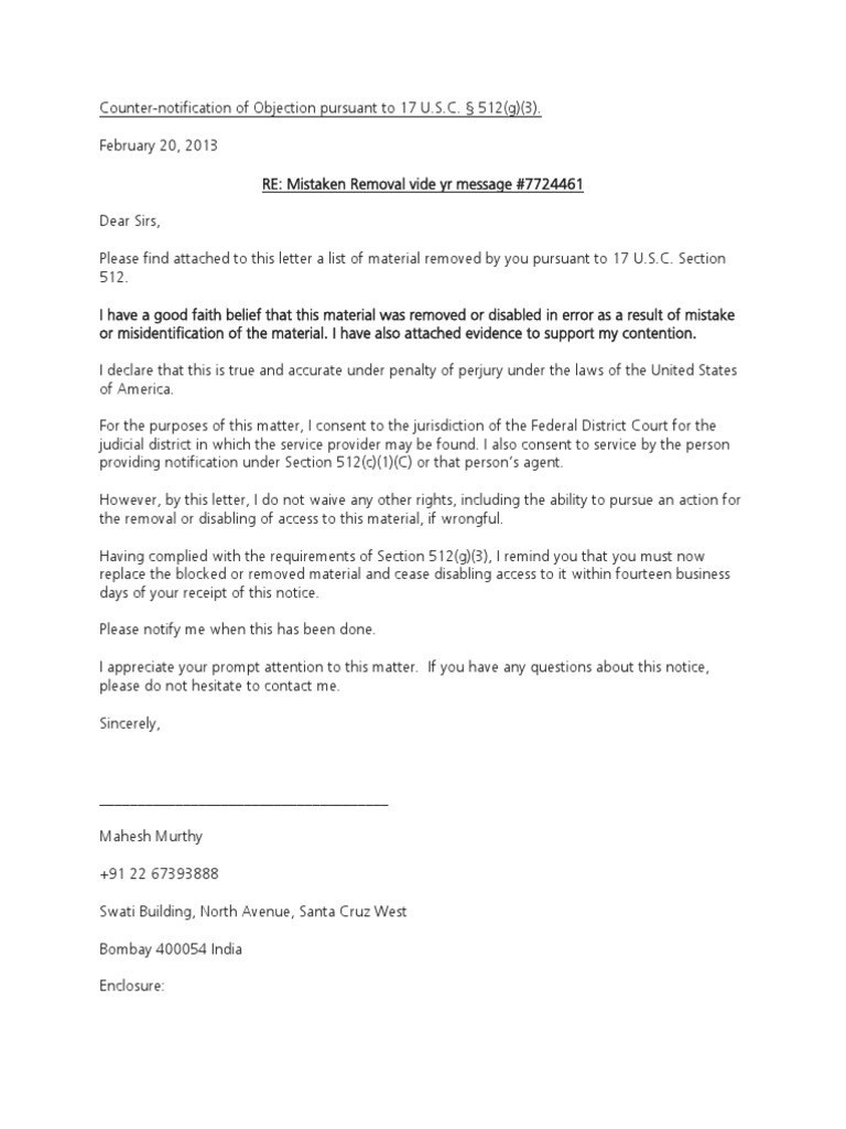DMCA Counter-Notification Template | PDF | Online Copyright ...