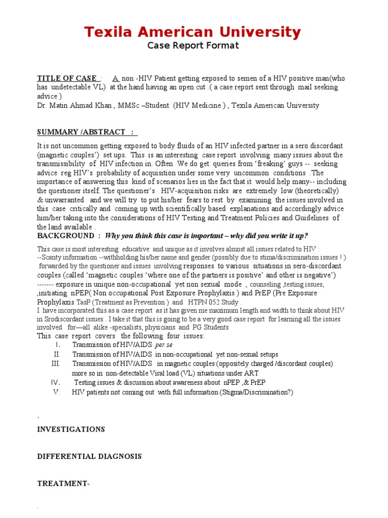 A Case Report Format | Case Report | Hiv/Aids