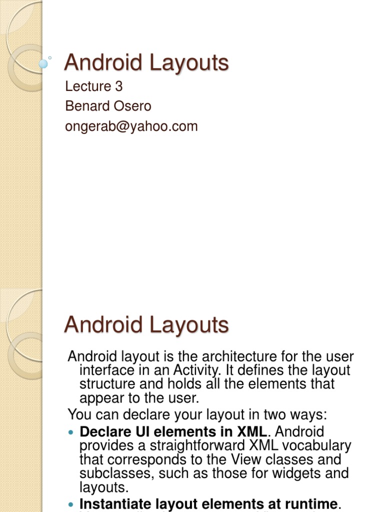 Android Layouts: Benard Osero | PDF | Widget (Gui) | Class (Computer ...