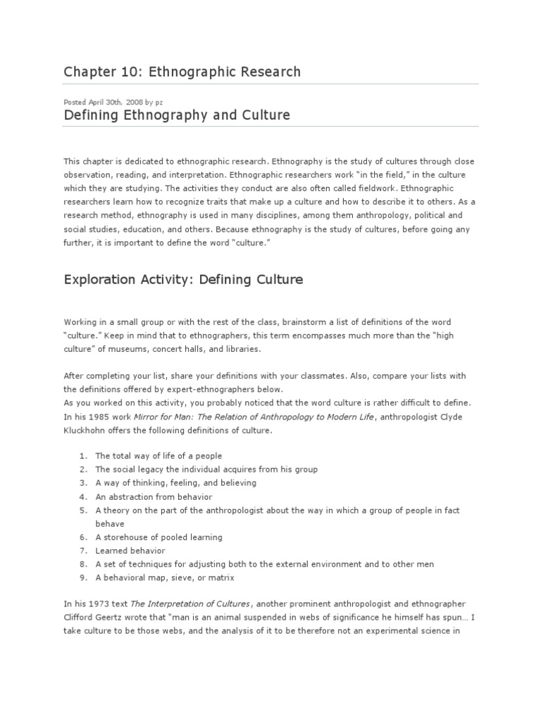 Chapter 10: Ethnographic Research Defining Ethnography and Culture ...
