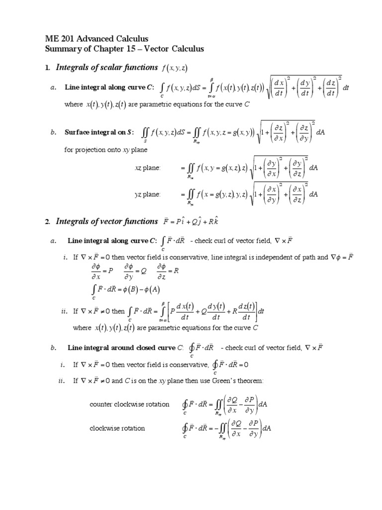 Integrals of Scalar Functions: ME 201 Advanced Calculus Summary of ...