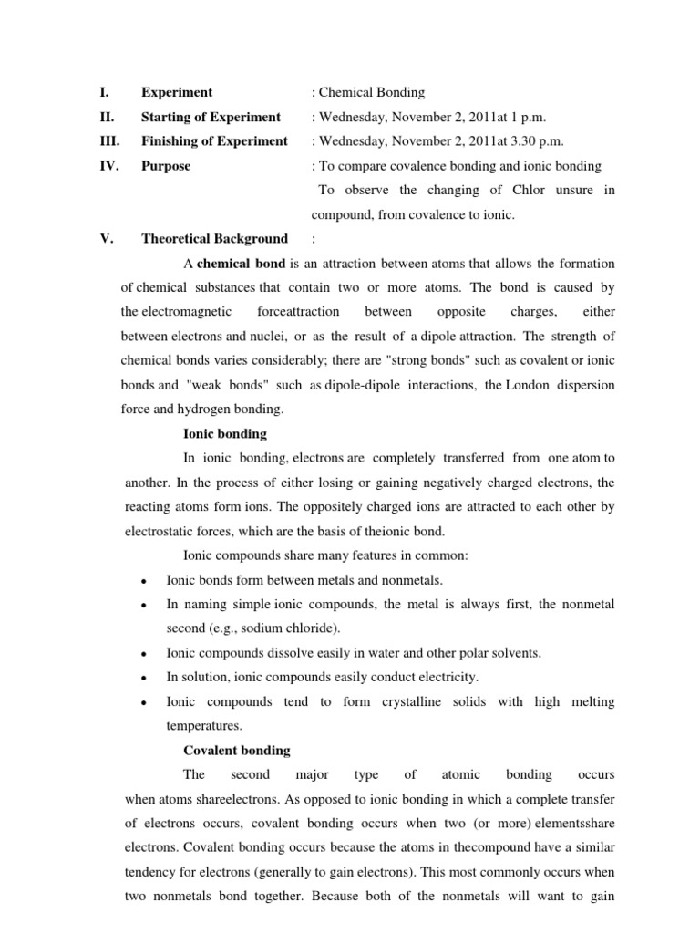 Chemical Bonding Experiment | PDF | Chemical Bond | Chemical Compounds