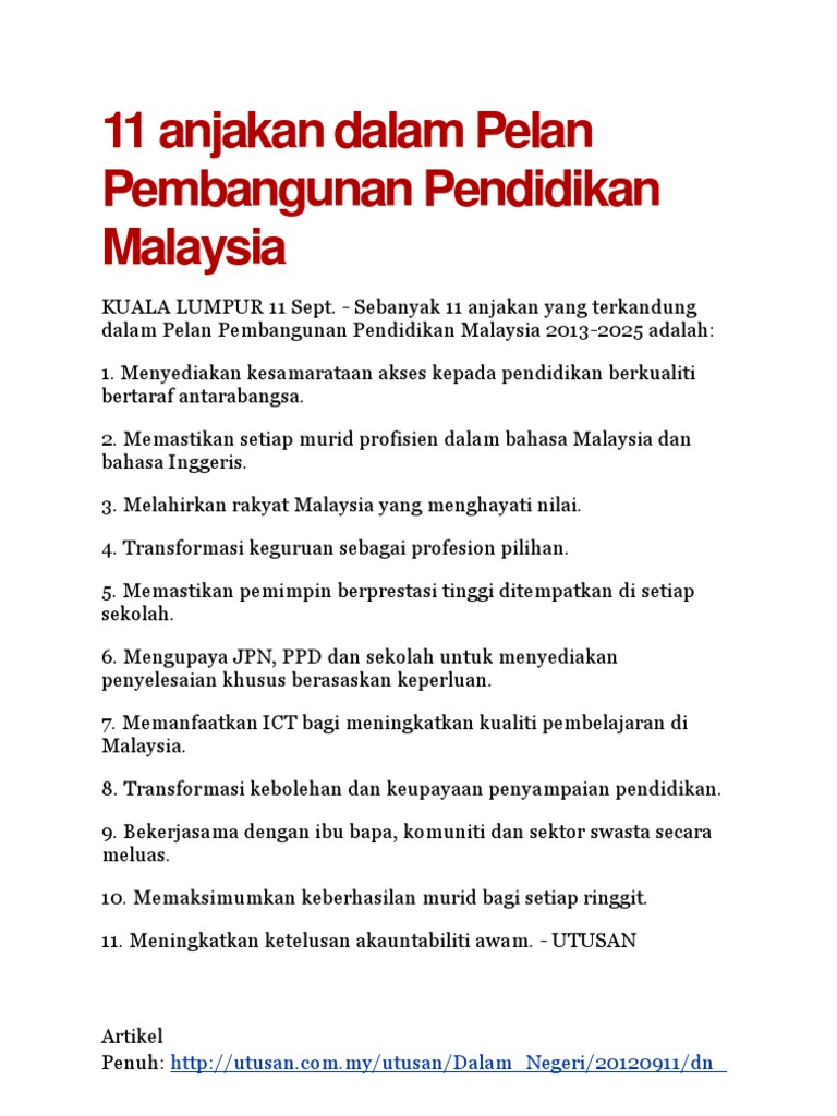 11 Anjakan Dalam Pelan Pembangunan Pendidikan Malaysia | PDF