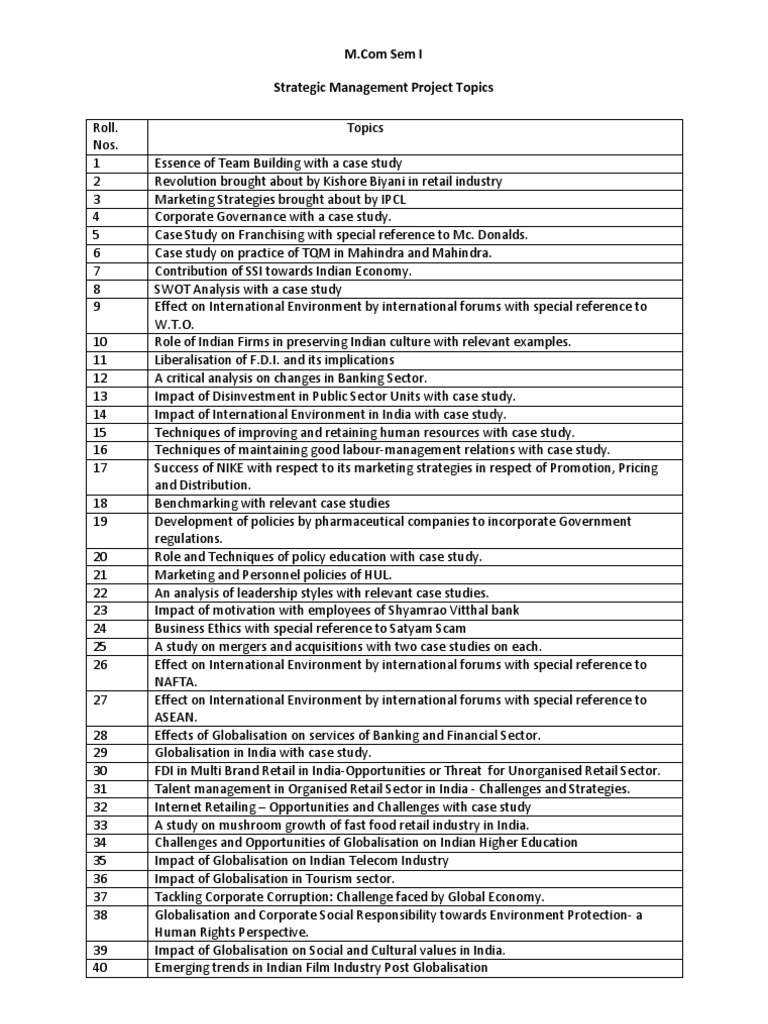 M.Com Strategic Management Project Topics | PDF | Strategic Management ...