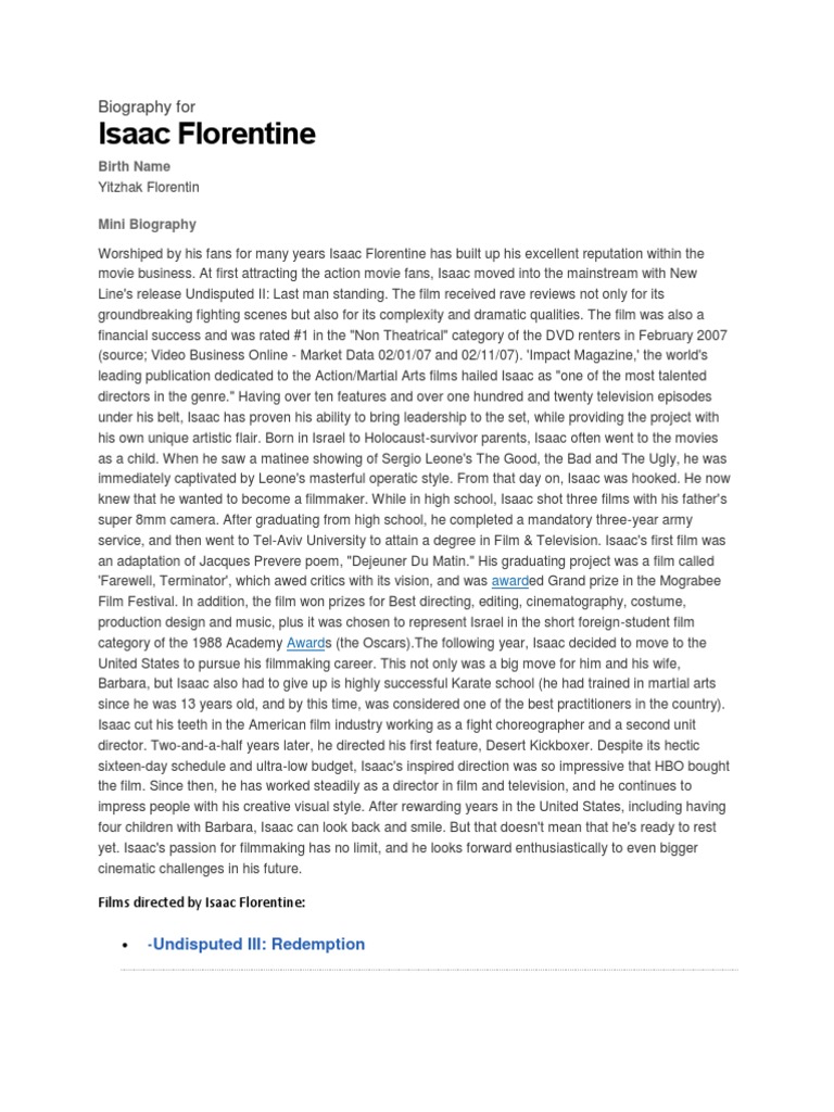 Isaac Florentine: Biography For | PDF | Entertainment | Cinema