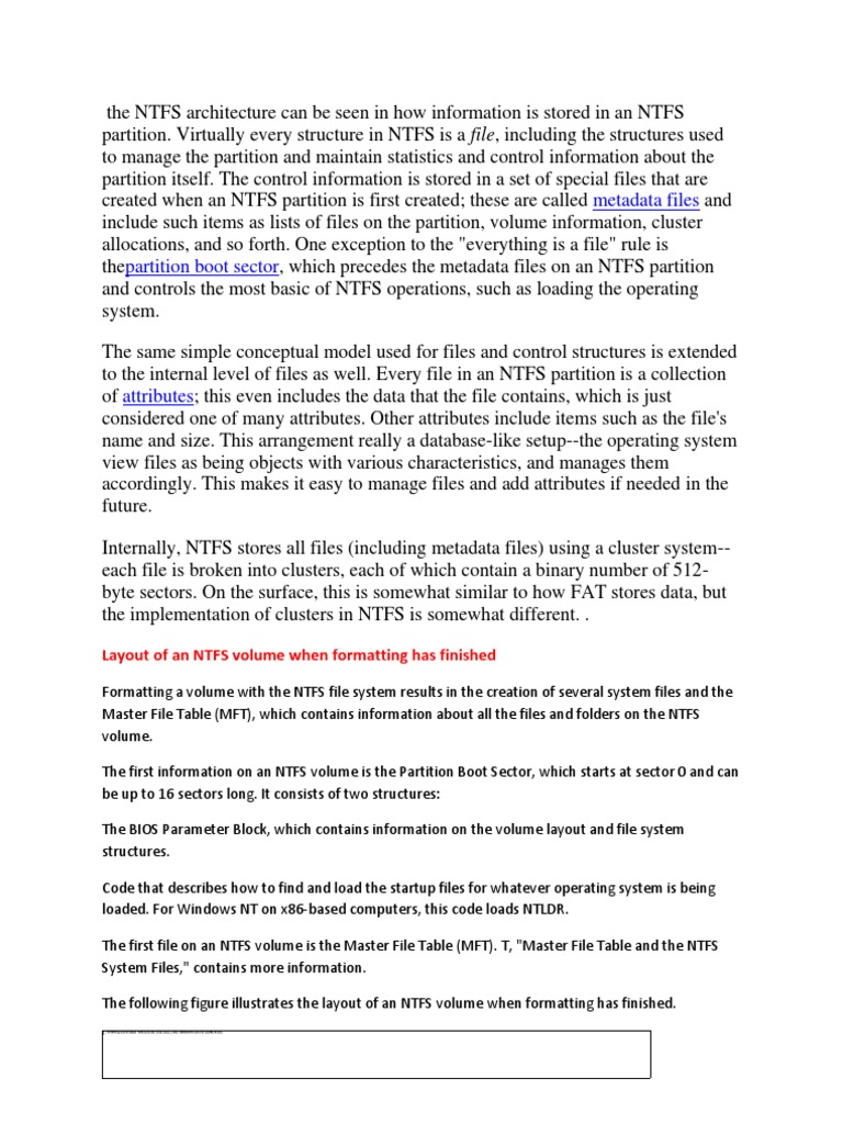 Metadata Files: Layout of An NTFS Volume When Formatting Has Finished ...