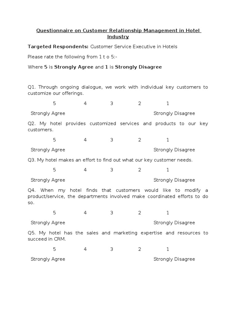 CRM Questionnaire for Hotel Industry | PDF | Finance & Money Management